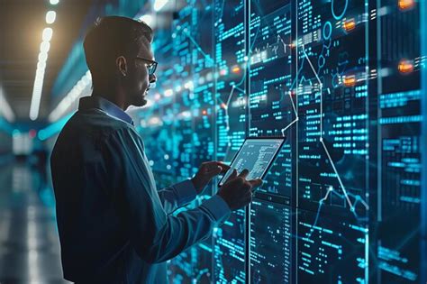 Man Working Tablet Computer Data Center Premium Ai Generated Image