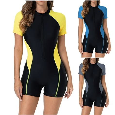 Agwolf Womens One Piece Short Sleeve Swimsuit Rash Guard Bathing Suit