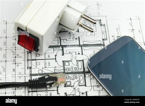 Socket Outlet Adapter With Switch Smartphone And Network Plug On Construction Drawing Symbolic