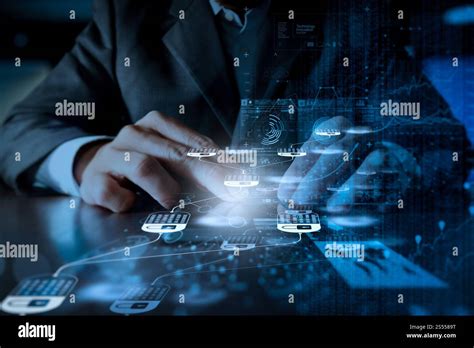 blockchain technology concept with diagram of chain and encrypted blocks businessman hand using