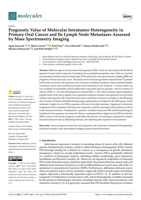 Pdf Prognostic Value Of Molecular Intratumor Heterogeneity In Primary Oral Cancer And Its