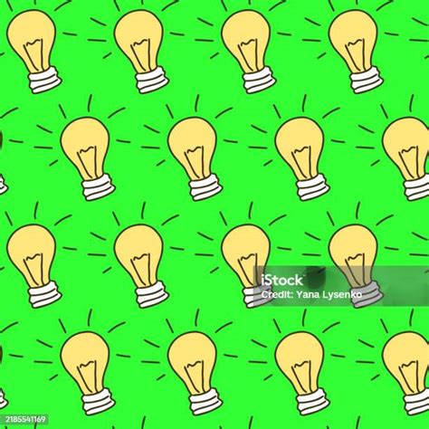 녹색 배경에 빛나는 전구의 완벽 한 패턴 혁신 밝은 아이디어 창의성 전기 설계의 개념 예술 장식 그래픽 디자인 영감 상징 배경 0명에 대한 스톡 벡터 아트 및 기타 이미지