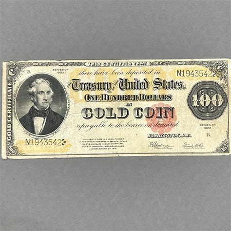 Lot 001 100 1922 Gold Certificate Speelman White N1943542 Large Size