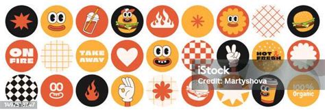 햄버거 복고풍 만화 패스트 푸드 스티커 그루비 만화 캐릭터 슬로건 따옴표 및 기타 요소 햄버거 류에 대한 스톡 벡터 아트 및 기타 이미지 Istock