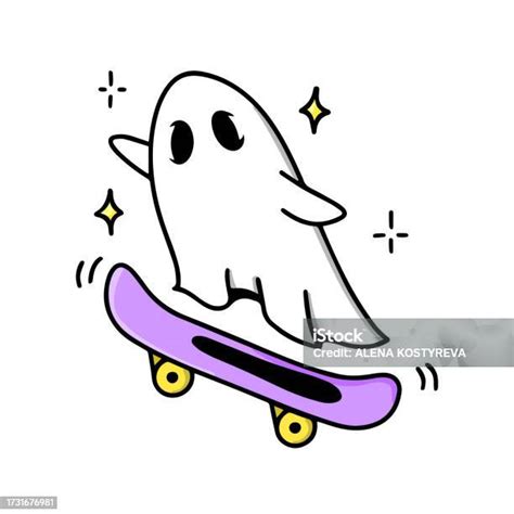 스케이트보드를 타고 날아다니는 유령 하얀 시트 아래 스케이터 유령 귀여운 만화 캐릭터 직물의 얼굴 할로윈 휴가 10월에 대한 스톡 벡터 아트 및 기타 이미지 Istock