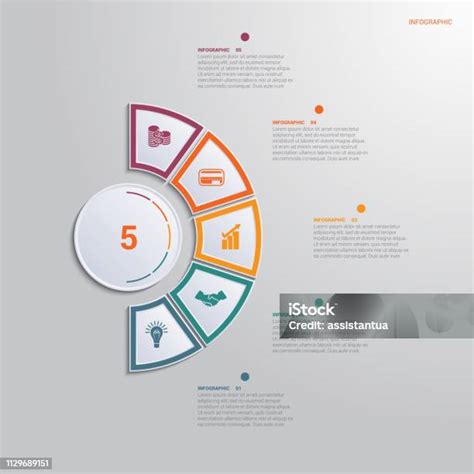 5 텍스트 영역 위치와 인포 그래픽에 대 한 템플릿입니다 원 주위 반원의 멀티 컬러 요소와 다이어그램 인포그래픽에 대한 스톡 벡터 아트 및 기타 이미지 Istock