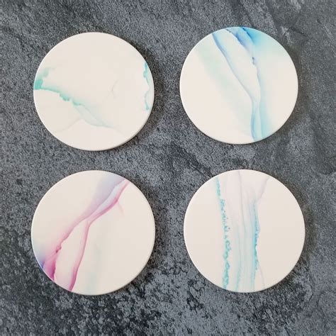 Set Of 4 Watercolor Marble Round Sandstone Coasters With Cork Backing