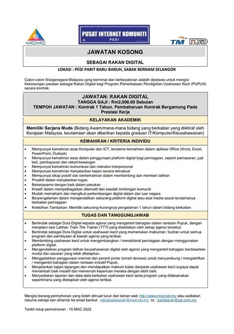 Iklan Jawatan Kosong Pusat Ekonomi Digital Pedi Sungai Sireh