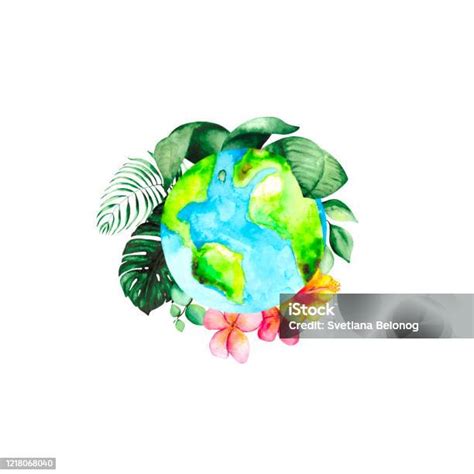 행성 지구와 식물 세계의 풍요로움 열대 꽃 야자수와 유칼립투스흰색 배경에 잎 주변 세계의 아름다움과 다양성에 대한 수채화 그림 행성에 대한 스톡 벡터 아트 및 기타 이미지