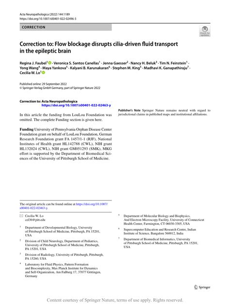 Correction To Flow Blockage Disrupts Cilia Driven Fluid Transport In