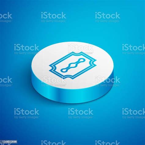 파란색 배경에 격리된 등색 선 블레이드 면도기 아이콘입니다 흰색 원 버튼 벡터 일러스트레이션 3차원 형태에 대한 스톡 벡터 아트 및 기타 이미지 Istock