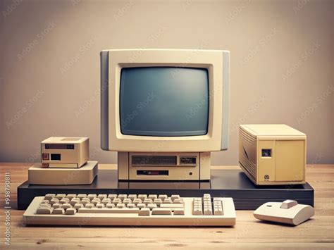 Vintage Beige Computer With Crt Monitor And Nostalgic Keyboard