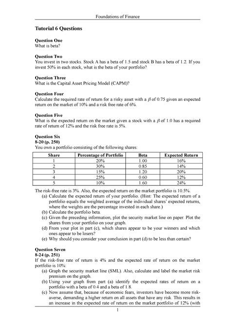 Tutorial 6 Questions Foundations Of Finance Tutorial 6 Questions Question One What Is Beta