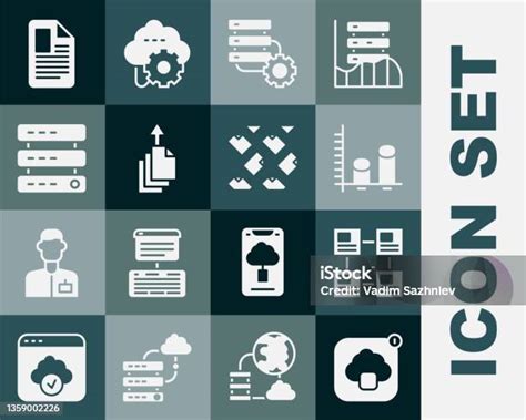 클라우드 기술 데이터 전송 계층 구조 기관 차트 데이터 분석 서버 및 기어 내보내기 서버 데이터 웹 호스팅 파일 문서 및 스트림 아이콘을 설정합니다 벡터 네트워크 서버에