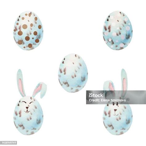 수채화 손으로 그린 부활절 축하 클립 아트 토끼 귀와 얼굴을 가진 페인트 달걀 세트 파스텔 색상 흰색 배경에 격리 초대장 선물