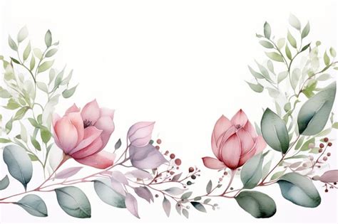 잎과 장미 수채화 꽃 프레임 테두리 프리미엄 사진