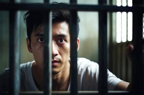 Un Prisionero Asiático En Una Celda Tras Las Rejas Un Chino Tras Las