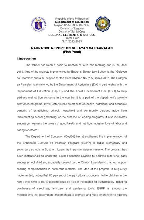 kindergarten narrative report gulayan republic of the philippines