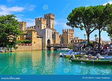 Tour Boats In Lake Garda And Scaligero Castle Sirmione Town Italy