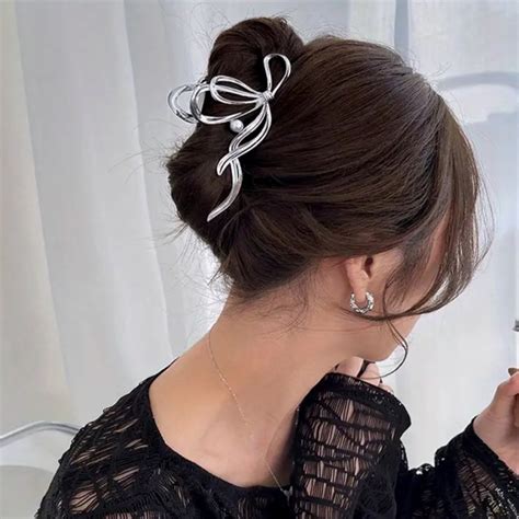 당일출고신상추가 Y2k 실버 메탈 헤어 집게핀 유니크 반묶음 올림머리 대형 왕 미니 반머리 리본 꼬임 진주 사각 6종