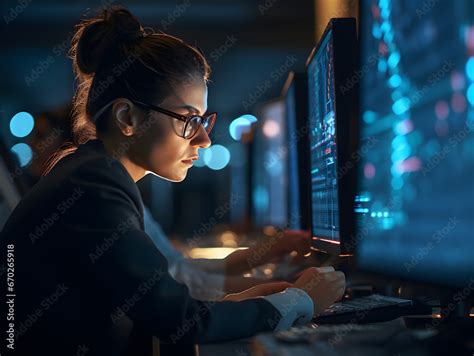 Software Developer Staring At Multiple Screens Lines Of Code Reflecting In Her Glasses Stock