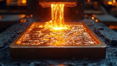 Liquid Metal Pouring Into Mold At Manufacturing Facility Showcasing Automation And Metallurgy