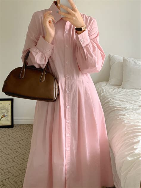 가을 셔츠 롱원피스 단색 주름포인트 포켓 퍼프소매 코튼 꾸안꾸 등원룩 오피스룩