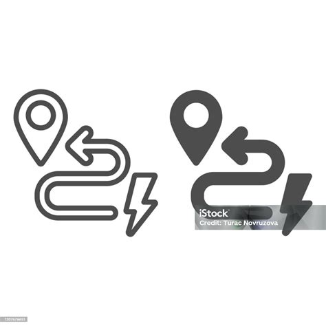 Ev 충전 스테이션 라인과 솔리드 아이콘 전기 자동차 개념 흰색 배경의 지도 표지판에 충전 지오 태그 윤곽 선으로 번개 아이콘과