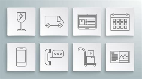 앱 배달 추적 배달화물 트럭 차량 전화 말풍선 채팅 손과 상자 엽서 노트북 달력 및 깨지기 쉬운 깨진 유리 기호 아이콘으로 라인 휴대 전화를 설정합니다 벡터 Brand