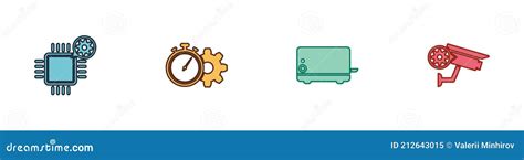 Set Processor Setting Time Management Toaster And Security Camera Icon Vector Stock Vector