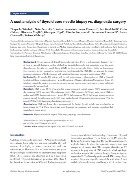 Pdf A Cost Analysis Of Thyroid Core Needle Biopsy Vs Diagnostic Surgery