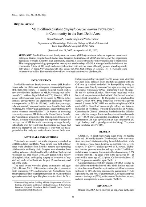 Pdf Methicillin Resistant Staphylococcus Aureus Prevalence In Community In The East Delhi Area
