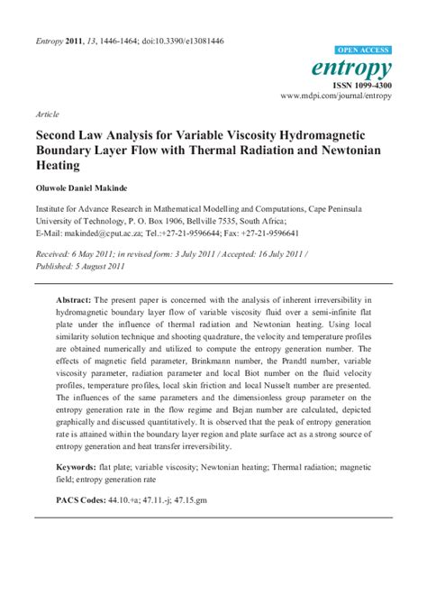 Pdf Second Law Analysis For Variable Viscosity Hydromagnetic Boundary Layer Flow With Thermal