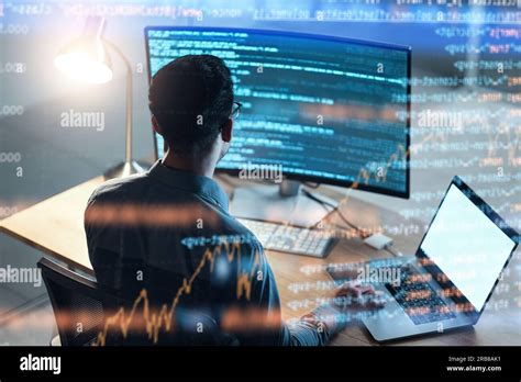 Programmer Code And Man With Hologram Technology And Digital Software With Cyber Security