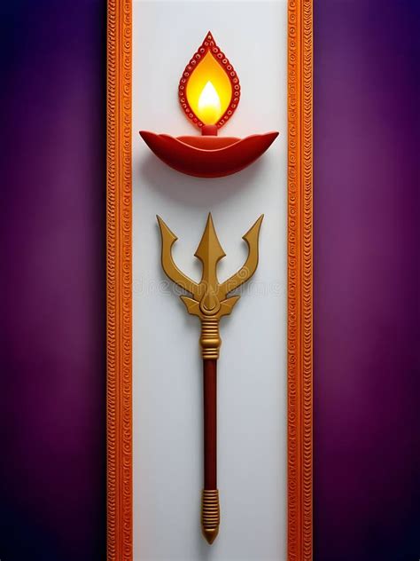 3D Diya And Trident Border Frame Concept As Vertical Frame With A Lit
