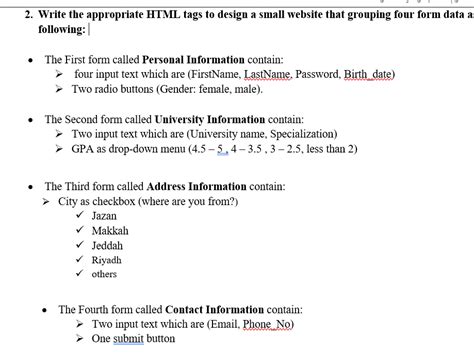 Solved 2 Write The Appropriate Html Tags To Design A Small
