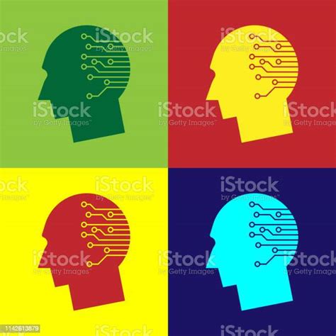컬러 배경에 고립 된 디지털 회로 보드 아이콘으로 인간의 뇌를 색상 인공 지능 내부 회로 라인과 인간의 머리 윤곽 벡터 일러스트