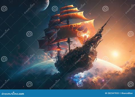 Wondrous Fantasy Sailing Ship Travel Through Cosmical Space And Ocean