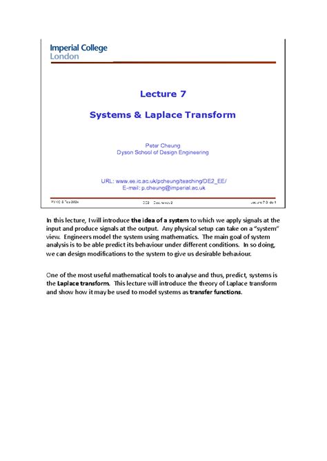 Lecture 7 Systems And Laplace Transform Notes In This Lecture I Will Introduce The Idea Of