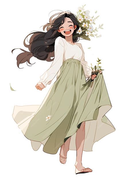 Anime Girl In A Green Skirt And White Shirt Holding A Bouquet