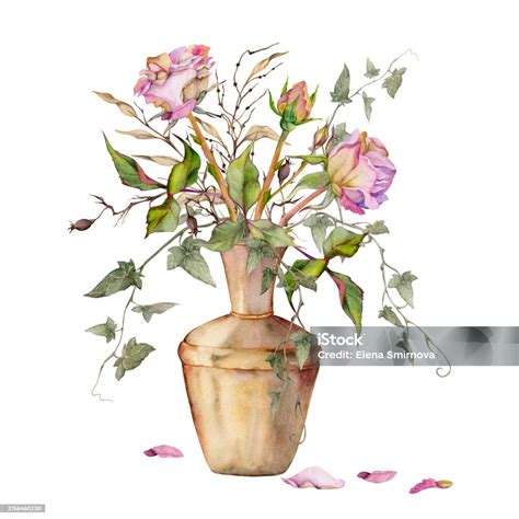 손으로 그린 수채화 그림 초라한 Boho 식물 꽃 잎 더스티 핑크 티 로즈 담쟁이덩굴손 루나리아 가지 흰색 배경에 고립된 꽃