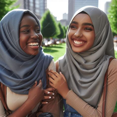 Premium Photo African Women Wearing Hijab Chatting In A City Park