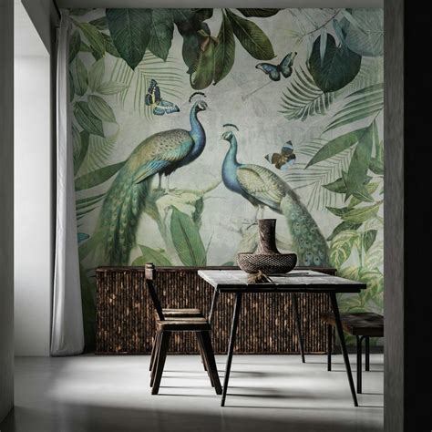 Vintage Exotic Peacocks Jungle Wallpaper