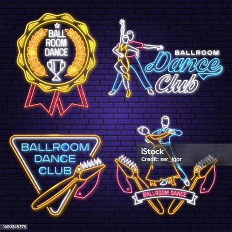 볼룸 댄스 스포츠 클럽 밝은 네온 사인의 집합입니다 댄스 스포츠 네온 엠블럼 트로피 컵 신발 브러시 남자와 여자 실루엣 벡터 룸바 살사 삼바 커플 댄스 볼룸 스타일 0명에