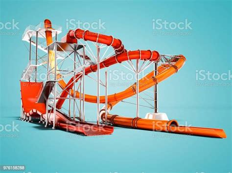 현대 붉은 색과 오렌지색 물 그림자와 파란색 배경에 놀이 기구 워터 파크 3d 렌더링에 대 한 슬라이드 0명에 대한 스톡 사진 및 기타 이미지 Istock