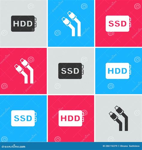 Set Hard Disk Drive Hdd Lan Cable Network Internet And Ssd Card Icon Vector Stock Illustration