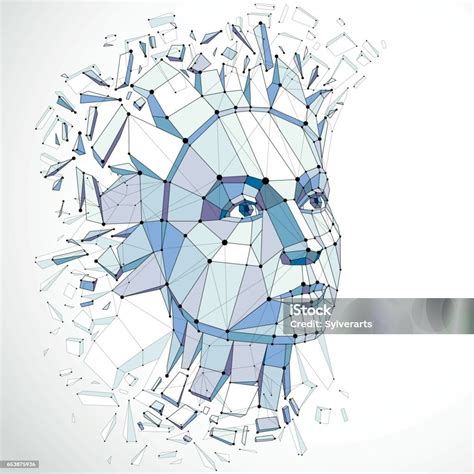 3 차원 벡터 초상화 라인 메쉬를 사용 하 여 만든입니다 붕괴 아이디어 생각 상상력과 폭발 하는 머리는 파편으로 지능 우화 블루
