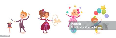 서커스 아이 캐릭터 소년 소녀 어린이 공연 쇼 세트 저글러 곡예사 광대 마술사 소년에 대한 스톡 벡터 아트 및 기타 이미지