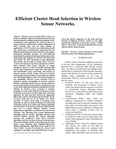 Efficient Cluster Head Selection In Wireless Sensor Networks Docx Internet Of Things Internet