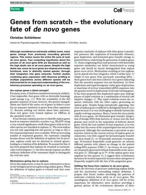 Genes From Scratch The Evolutionary Fate Of De Novo Genes Pdf Gene